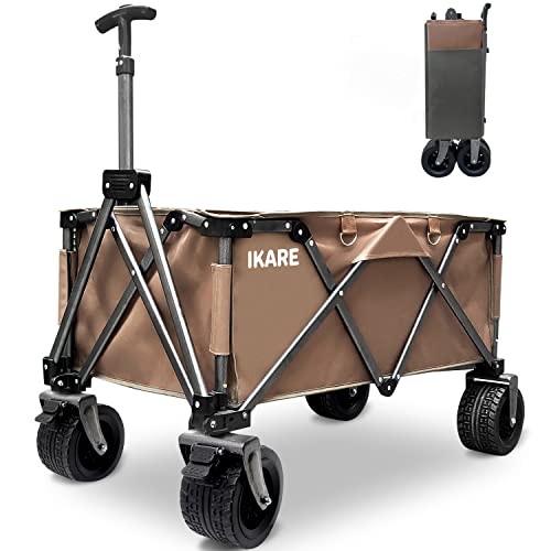 IKARE Heavy Duty Folding Wagon Cart with 330lbs Large Capacity, Portable Outdoor Beach Wagon, Utility Camping Garden Cart with All-Terrain Removable Wheels, Adjustable Handle, Built-in Double Bearing