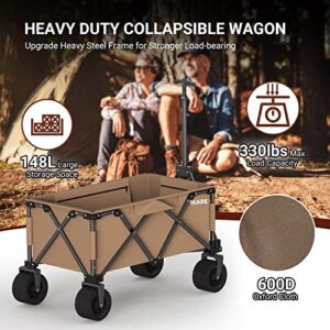 IKARE Heavy Duty Folding Wagon Cart with 330lbs Large Capacity, Portable Outdoor Beach Wagon, Utility Camping Garden Cart with All-Terrain Removable Wheels, Adjustable Handle, Built-in Double Bearing