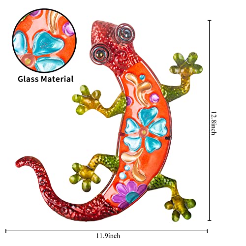 dreamskip 12.8" Metal Gecko Wall Decor Premium Glass Lizard Wall Hanging Art Decorations Wall Sculpture for Garden Patio,Fence Decor, Bedroom,Living Room