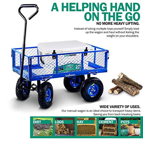 Landworks Lawn & Garden Utility Cart / Beach Wagon, All Terrain, w/ Heavy Duty Removable Side Meshes, 400 lbs Cap, Blue