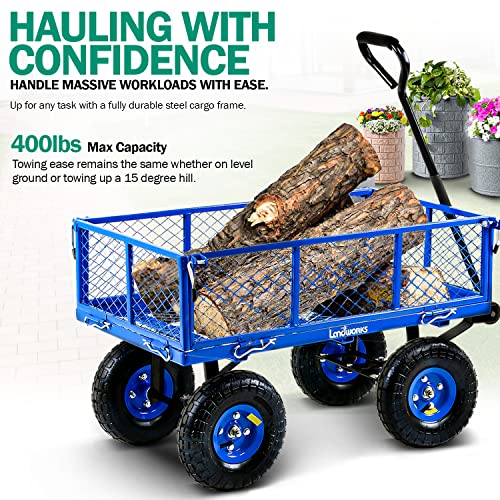 Landworks Lawn & Garden Utility Cart / Beach Wagon, All Terrain, w/ Heavy Duty Removable Side Meshes, 400 lbs Cap, Blue