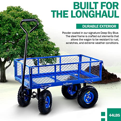 Landworks Lawn & Garden Utility Cart / Beach Wagon, All Terrain, w/ Heavy Duty Removable Side Meshes, 400 lbs Cap, Blue