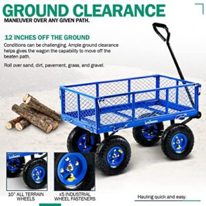 Landworks Lawn & Garden Utility Cart / Beach Wagon, All Terrain, w/ Heavy Duty Removable Side Meshes, 400 lbs Cap, Blue