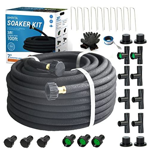 AMRITA Soaker Hose KIT,3/8inch 100ft Rubber Garden Hose 70% Water Saving,Black Heavy Duty Soaker Hose For Garden Lawn,Garden Raised Beds.(3/8-100FT)