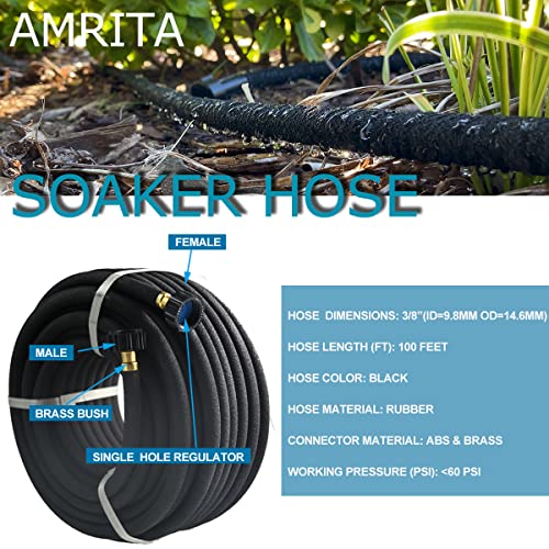 AMRITA Soaker Hose KIT,3/8inch 100ft Rubber Garden Hose 70% Water Saving,Black Heavy Duty Soaker Hose For Garden Lawn,Garden Raised Beds.(3/8-100FT)