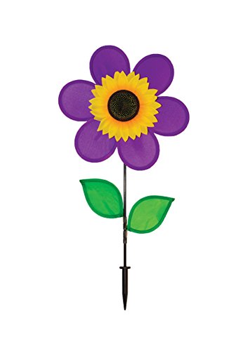 In the Breeze 12 Inch Purple Sunflower Wind Spinner with Leaves - Includes Ground Stake - Colorful Flower for Your Yard and Garden