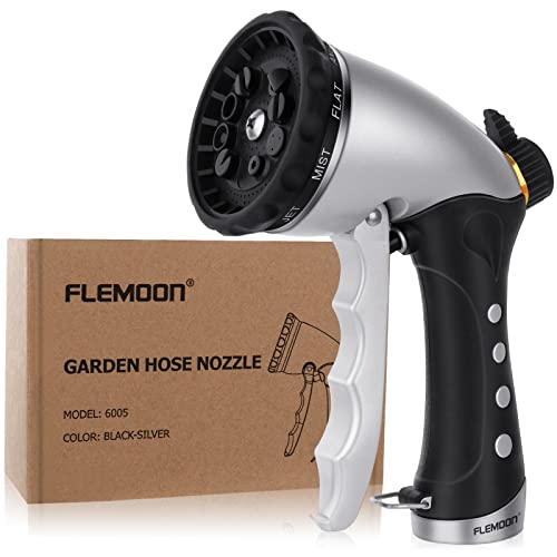 Flemoon Garden Hose Nozzle Heavy Duty, Metal Hose Sprayer with 10 Water Patterns, High Pressure Hand Spray with Flow Control, Best for Watering Outdoor Plant, Washing Car and Showering Pet, Silver