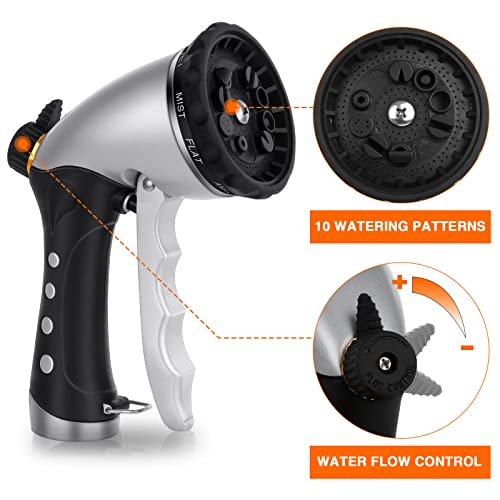 Flemoon Garden Hose Nozzle Heavy Duty, Metal Hose Sprayer with 10 Water Patterns, High Pressure Hand Spray with Flow Control, Best for Watering Outdoor Plant, Washing Car and Showering Pet, Silver