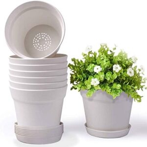 homenote Pots for Plants, 8 Pcs 7.5 inch Plastic Planters with Multiple Drainage Holes and Tray - Plant Pots for All Home Garden Flowers Succulents, Cream White