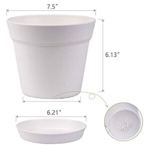 homenote Pots for Plants, 8 Pcs 7.5 inch Plastic Planters with Multiple Drainage Holes and Tray - Plant Pots for All Home Garden Flowers Succulents, Cream White