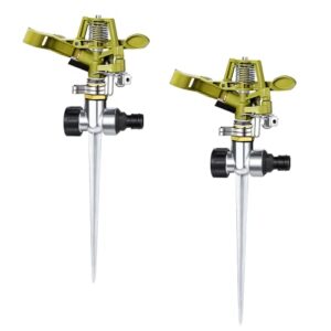 zinc alloy garden sprinklers, heavy duty water sprinkler, 360 degree automatic rotating lawn sprinkler, adjustable pulsating sprinkler for large area lawn patio garden(2 pack)