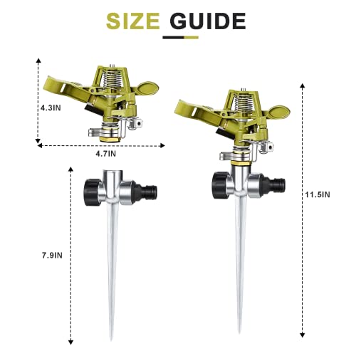 Zinc Alloy Garden Sprinklers, Heavy Duty Water Sprinkler, 360 Degree Automatic Rotating Lawn Sprinkler, Adjustable Pulsating Sprinkler for Large Area Lawn Patio Garden(2 Pack)