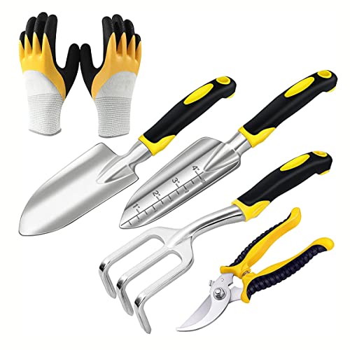 TTNTU 5PCS Garden Tool Set, Ergonomic Handle Tools, Heavy Duty Aviation Aluminum Gardening Kit Gift for Men & Women, Yellow (TT03)