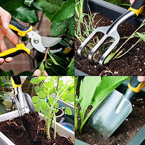 TTNTU 5PCS Garden Tool Set, Ergonomic Handle Tools, Heavy Duty Aviation Aluminum Gardening Kit Gift for Men & Women, Yellow (TT03)