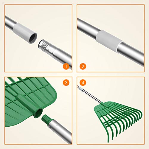 Gardzen 12 Tines Gardening Leaf Rake, Lightweight Steel Handle, Detachable, Ideal Camp Rake, Comes with Dustpan-Type Garden Bag