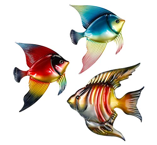 FANWNKI Set of 3 Metal Fish Wall Decor Art Outdoor Indoor Sculpture Hanging for Pool Home Porch Fence Garden