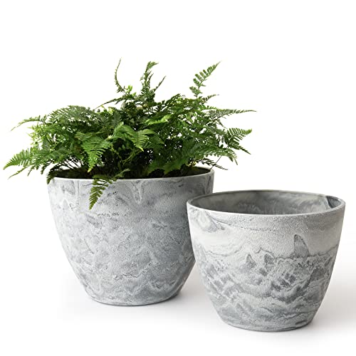 LA JOLIE MUSE Flower Pots Outdoor Garden Planters, Indoor Plant Pots with Drainage Holes, Plastic, Marble Pattern Grey, Set 2 (8.6 + 7.5 Inch)