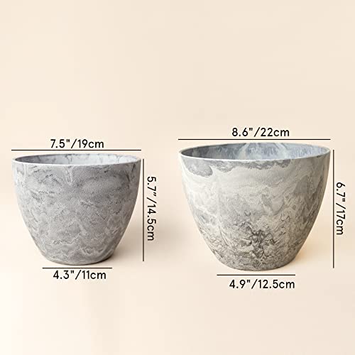 LA JOLIE MUSE Flower Pots Outdoor Garden Planters, Indoor Plant Pots with Drainage Holes, Plastic, Marble Pattern Grey, Set 2 (8.6 + 7.5 Inch)