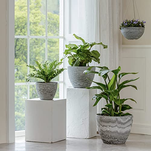 LA JOLIE MUSE Flower Pots Outdoor Garden Planters, Indoor Plant Pots with Drainage Holes, Plastic, Marble Pattern Grey, Set 2 (8.6 + 7.5 Inch)