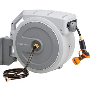 giraffe tools retractable hose reel 5/8 inch x 90 ft wall mounted water hose reel heavy duty with automatic rewind, 180 deg swivel bracket, any length lock, 9 pattern hose nozzle light grey