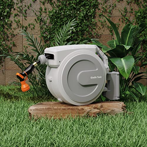 Giraffe Tools Retractable Hose Reel 5/8 inch x 90 ft Wall Mounted Water Hose Reel Heavy Duty with Automatic Rewind, 180 Deg Swivel Bracket, Any Length Lock, 9 Pattern Hose Nozzle Light Grey