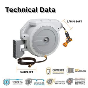 Giraffe Tools Retractable Hose Reel 5/8 inch x 90 ft Wall Mounted Water Hose Reel Heavy Duty with Automatic Rewind, 180 Deg Swivel Bracket, Any Length Lock, 9 Pattern Hose Nozzle Light Grey