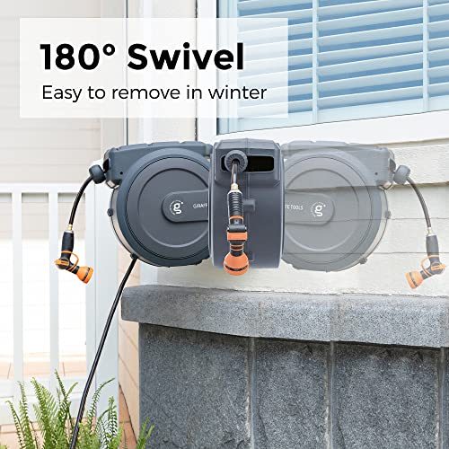 Giraffe Tools Retractable Hose Reel 5/8 inch x 90 ft Wall Mounted Water Hose Reel Heavy Duty with Automatic Rewind, 180 Deg Swivel Bracket, Any Length Lock, 9 Pattern Hose Nozzle Light Grey