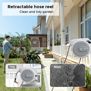 Giraffe Tools Retractable Hose Reel 5/8 inch x 90 ft Wall Mounted Water Hose Reel Heavy Duty with Automatic Rewind, 180 Deg Swivel Bracket, Any Length Lock, 9 Pattern Hose Nozzle Light Grey