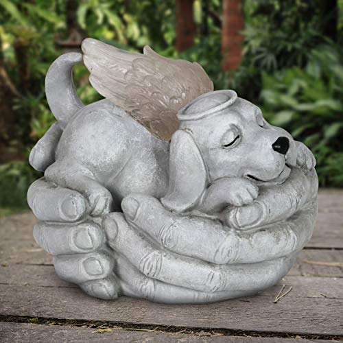 Exhart Dog Statue, Solar Cradled Pet Memorial Garden Sculpture, LED Light Angel Wings, Outdoor Garden Decoration, 8 x 5 Inch