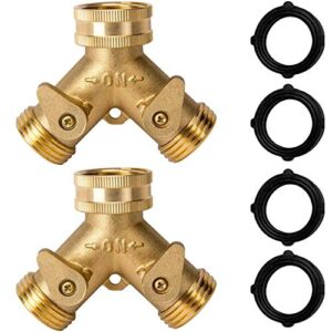 heavy duty brass y-hose splitter 2 pack | garden hose 2 way splitter | y splitter hose | lawn hose splitter spigot adapter with 2 valves | extra rubber washers