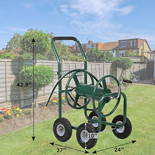 Garden Water Hose Reel Cart Tools with Wheels Garden Lawn Water Truck Water Planting Cart Heavy Duty Outdoor Yard Water Planting Holds 300-Feet of 5/8-Inch Hose with Storage Basket (Green)