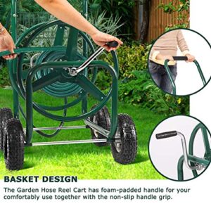 Garden Water Hose Reel Cart Tools with Wheels Garden Lawn Water Truck Water Planting Cart Heavy Duty Outdoor Yard Water Planting Holds 300-Feet of 5/8-Inch Hose with Storage Basket (Green)