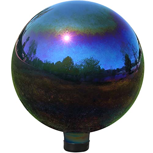 Sunnydaze 10-Inch Glass Mirrored Gazing Globe - Features a Stainless Steel Finish - Elegant Ball Lawn Ornament for Garden or Patio - Rainbow