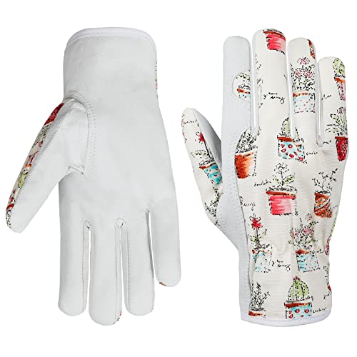 Worth Garden Gardening Gloves for Women - Cute Leather & Canvas Work Gloves Breathable Lightweight Fingertips Protection Adorable Potted Pattern - Gift for Gardeners