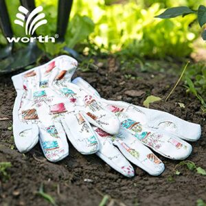 Worth Garden Gardening Gloves for Women - Cute Leather & Canvas Work Gloves Breathable Lightweight Fingertips Protection Adorable Potted Pattern - Gift for Gardeners