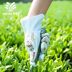 Worth Garden Gardening Gloves for Women - Cute Leather & Canvas Work Gloves Breathable Lightweight Fingertips Protection Adorable Potted Pattern - Gift for Gardeners