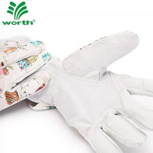 Worth Garden Gardening Gloves for Women - Cute Leather & Canvas Work Gloves Breathable Lightweight Fingertips Protection Adorable Potted Pattern - Gift for Gardeners