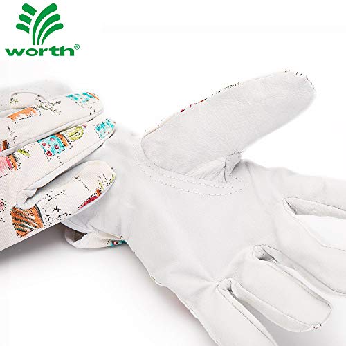 Worth Garden Gardening Gloves for Women - Cute Leather & Canvas Work Gloves Breathable Lightweight Fingertips Protection Adorable Potted Pattern - Gift for Gardeners