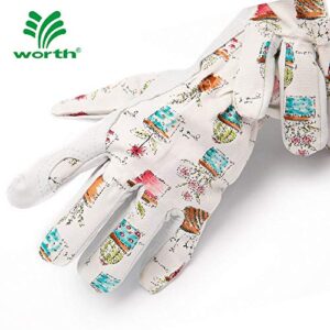 Worth Garden Gardening Gloves for Women - Cute Leather & Canvas Work Gloves Breathable Lightweight Fingertips Protection Adorable Potted Pattern - Gift for Gardeners