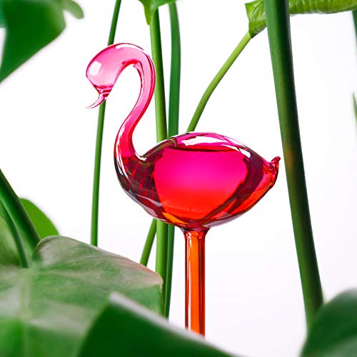 Self-Watering Glass Globes 2PCS Flamingo Gradient Hot Pink 10" Long Hand Blown Bulbs Pot Plant Waterer Home Indoor Outdoor Garden Patio Hanging Flower Aqua Spike Decorative Automatic Irrigation System