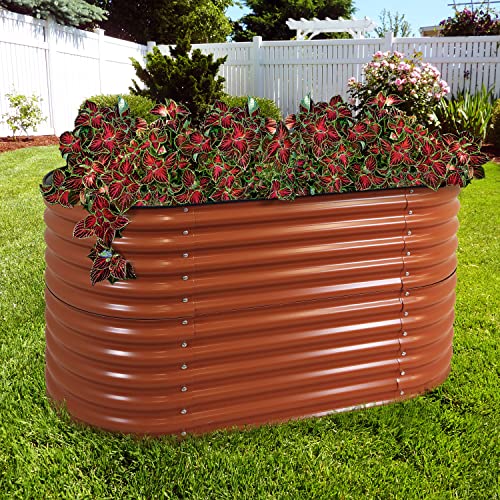 Sunnydaze Oval Raised Garden Bed - Galvalume Steel Vegetable or Flower Bed Kit - Stackable Backyard Planter Box with Rubber Edge Trim - 62.5" - Brown