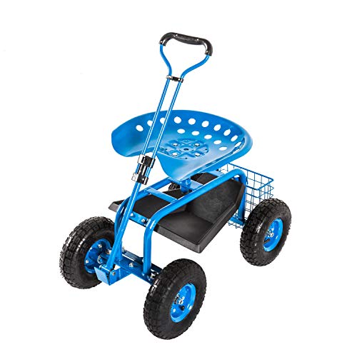 kinbor Garden Cart Rolling Work Seat with Tool Tray Outdoor Utility Lawn Patio Yard Wagon Scooter for Planting with Adjustable Handle 360 Degree Swivel Seat, Blue