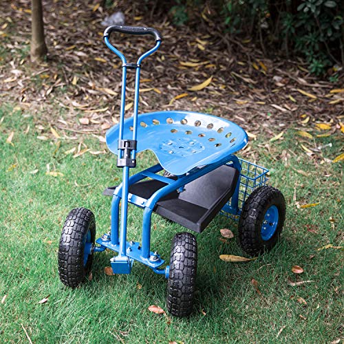 kinbor Garden Cart Rolling Work Seat with Tool Tray Outdoor Utility Lawn Patio Yard Wagon Scooter for Planting with Adjustable Handle 360 Degree Swivel Seat, Blue