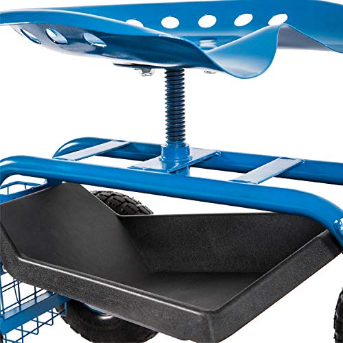 kinbor Garden Cart Rolling Work Seat with Tool Tray Outdoor Utility Lawn Patio Yard Wagon Scooter for Planting with Adjustable Handle 360 Degree Swivel Seat, Blue