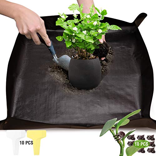 k’S Plant Potting Mat, Reusable Waterproof Garden Plant Seedling Repotting Tray Foldable Indoor Transplanting Tidy Flower Potting Tarp with 10 Pack Plant Labels and Clips (39.3 x 39.3 inch)