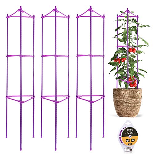 Large Tomato Cages for Garden - 48 Inches, 3-Pack Multifunctional Purple Tomato Plant Support for Vine, Vegetables, Fruits & Flowers with Adjustable Stake Arms - Non-Rusting with 328ft Twist Tie