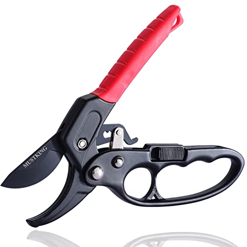 premium garden clippers, MUSTKING ratchet pruning shears, weak handed and arthritic garden shears for flowers, stems, roses, shrubs, hedges, pruning 3 times easier, sharp scissors gardening tools