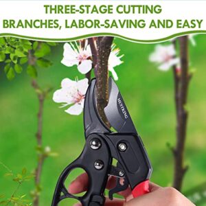 premium garden clippers, MUSTKING ratchet pruning shears, weak handed and arthritic garden shears for flowers, stems, roses, shrubs, hedges, pruning 3 times easier, sharp scissors gardening tools