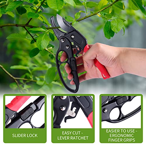 premium garden clippers, MUSTKING ratchet pruning shears, weak handed and arthritic garden shears for flowers, stems, roses, shrubs, hedges, pruning 3 times easier, sharp scissors gardening tools