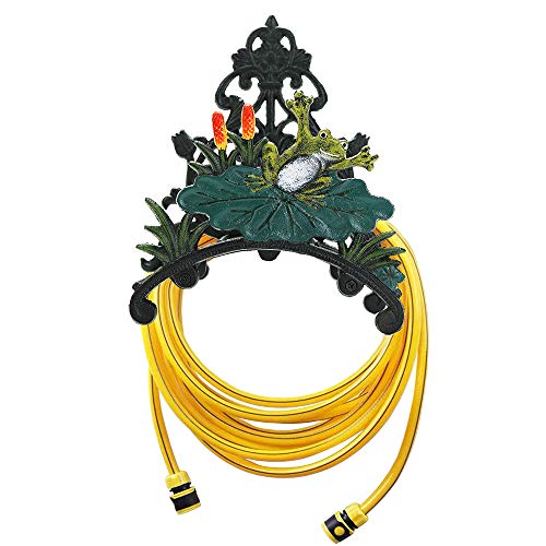 Sungmor Cast Iron Heavy Duty Garden Hose Holder - Decorative Hand-painted Frog Wall Mounted Water Hose Hanger - Wall Decoration Hanging Hose Rack - Hose Reel Storage Butler - Metal Hose Stand